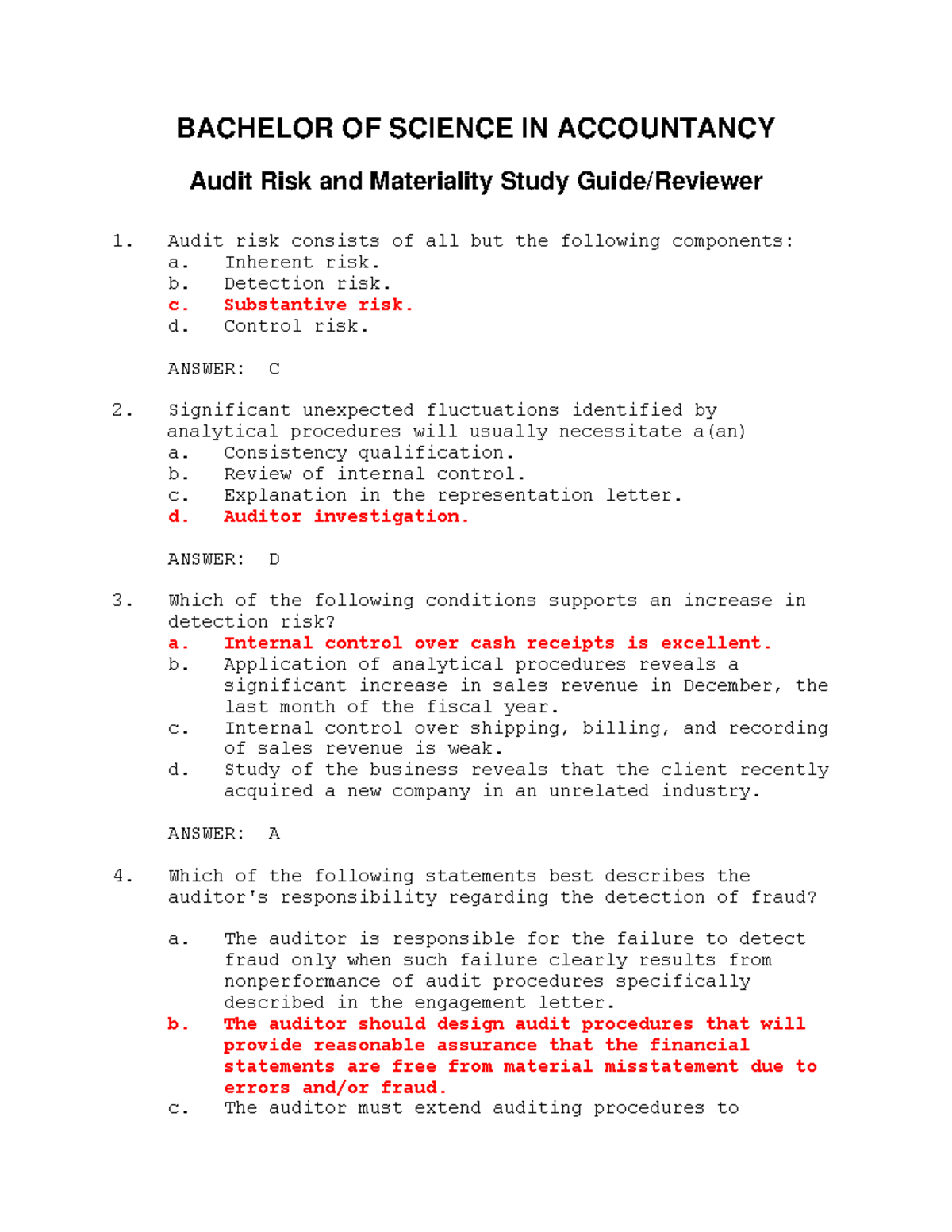 Audit Risk and Materiality Study Guide (BSA 101) - Studocu