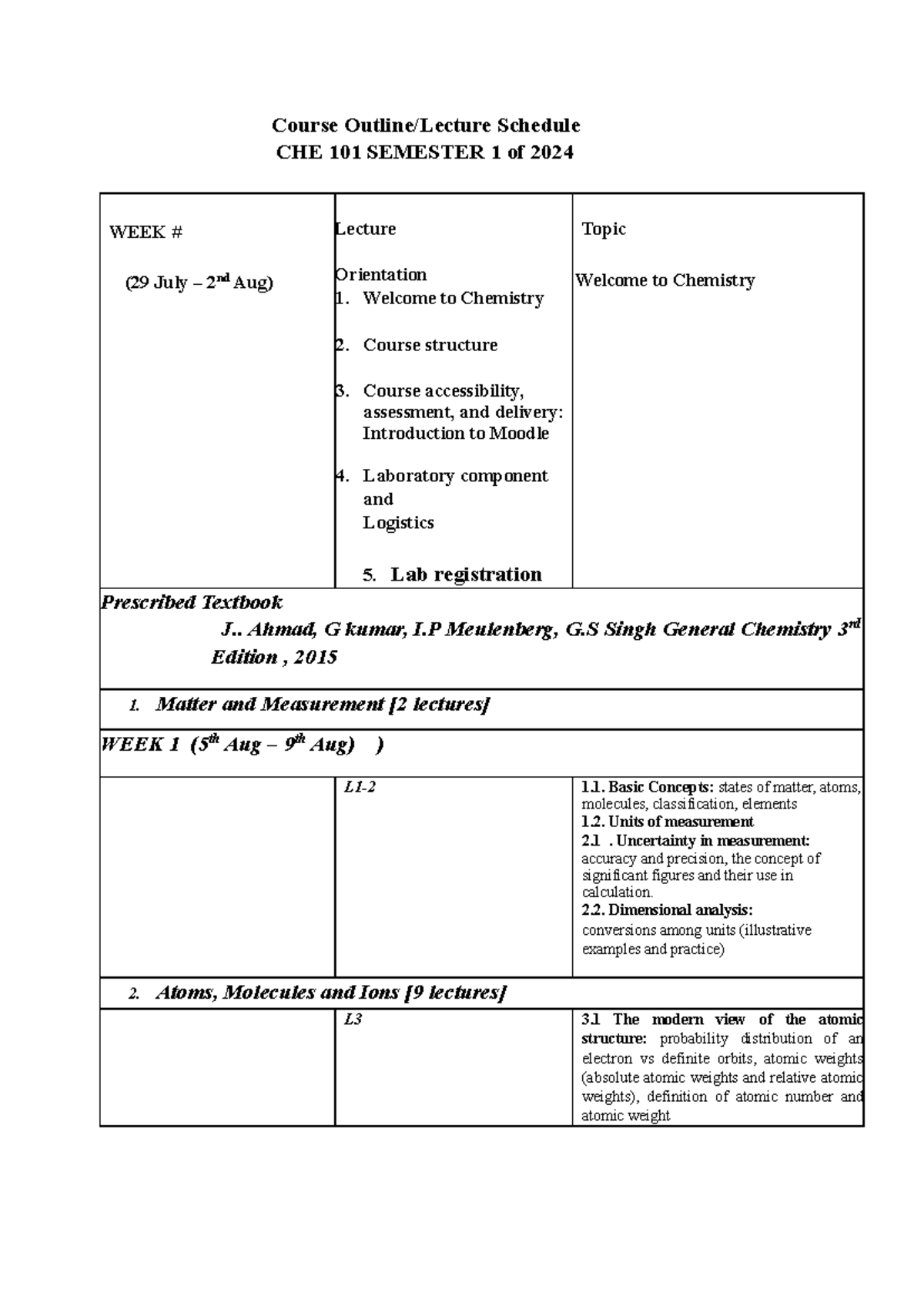Course Outline & Lecture Schedule CHE 101 - Semester 1, 2024 - Studocu