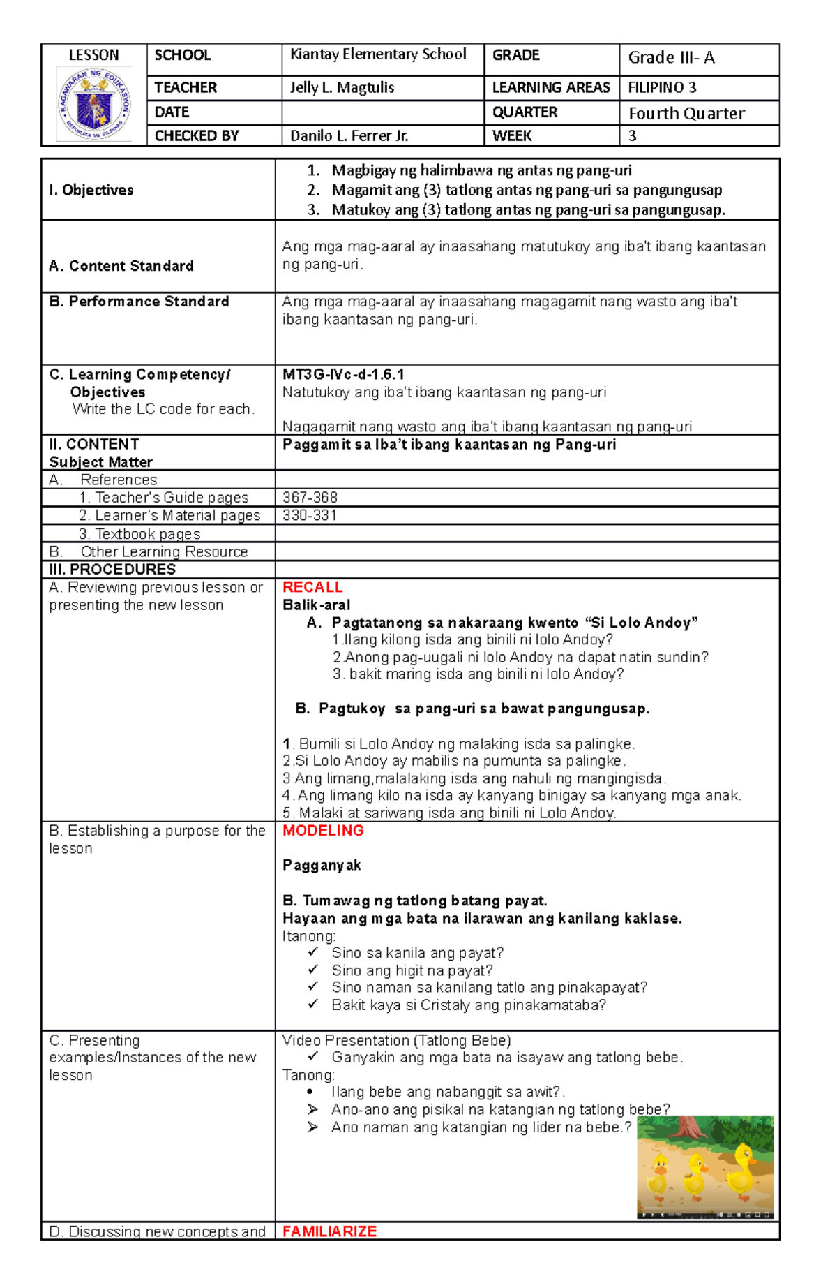 Filipino Lesson Plan Q4 Grade III-A: Antas ng Pang-uri - Studocu