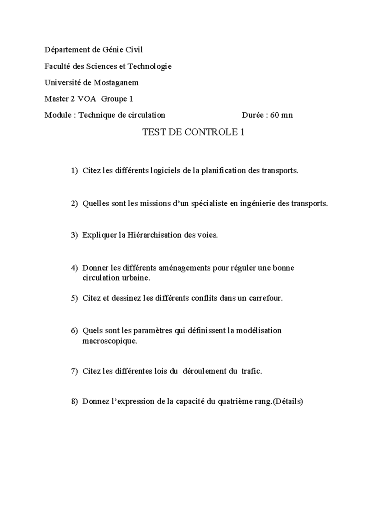 Test de Contrôle 1 - Master 2 VOA - Technique de Circulation - Studocu