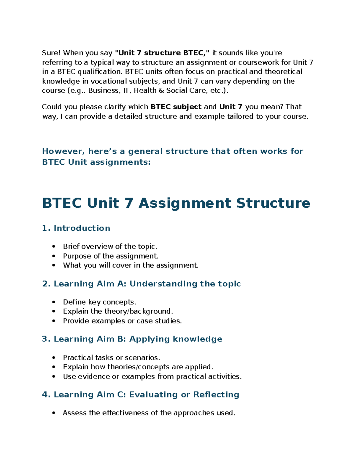 BTEC Unit 7 Assignment Structure Guide for Business Decision Making ...