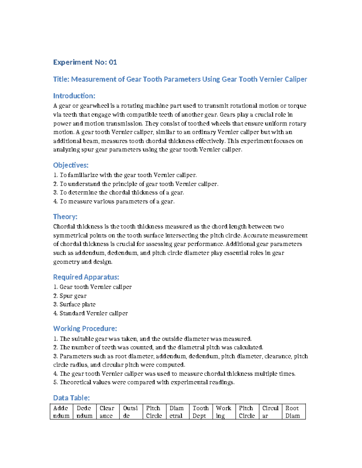 Lab Report on Gear Tooth Measurements Using Vernier Caliper - Studocu