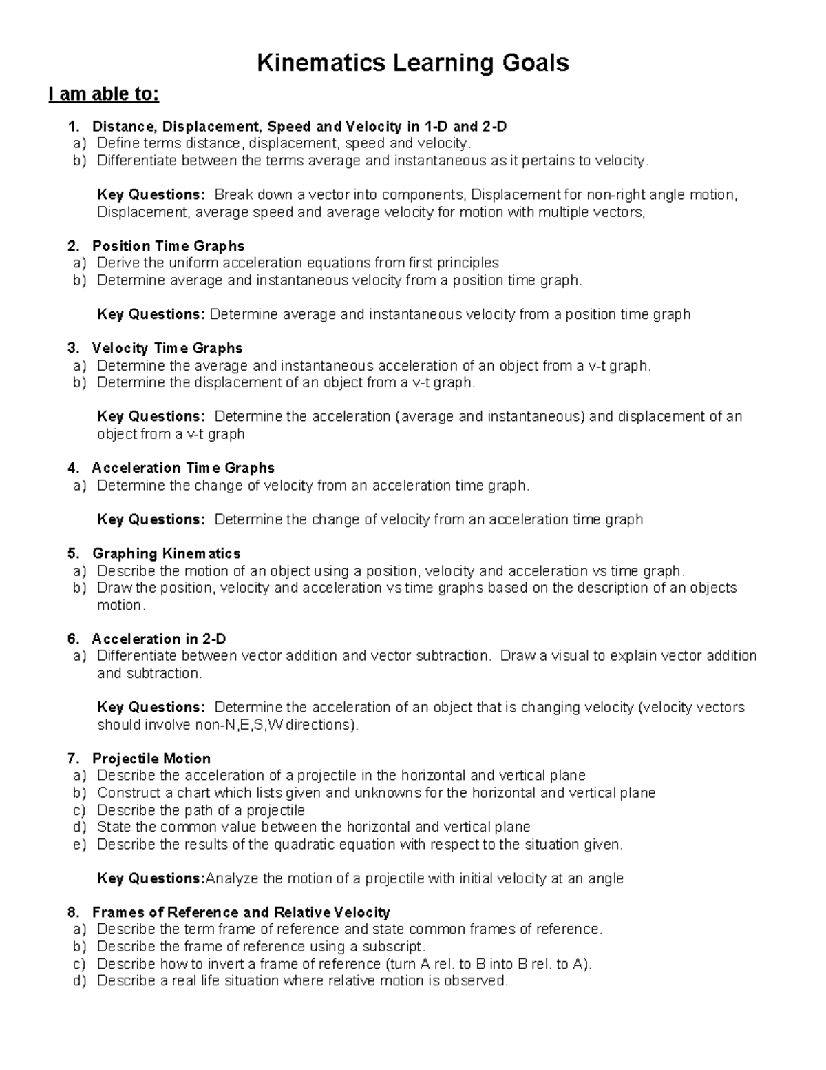 Kinematics and Forces Learning Goals Summary (PHYS 101) - Studocu