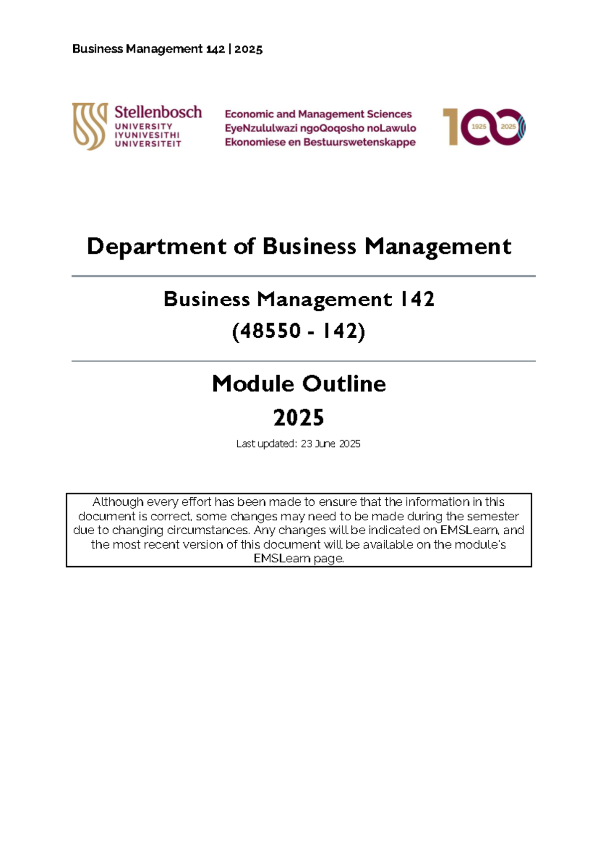 Business Management 142 (48550 142) Module Outline 2025 - Studocu