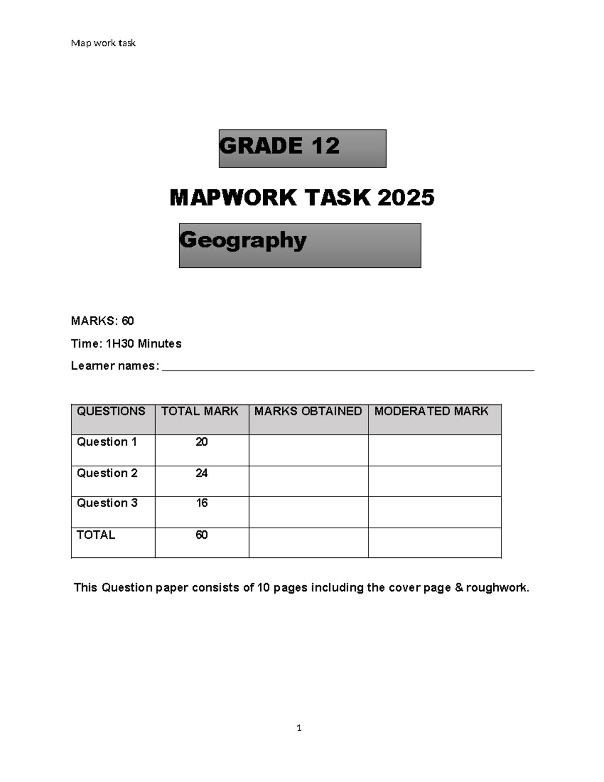 GRADE 12 MAPWORK TASK 2025: Geography Assessment Guide - Studocu
