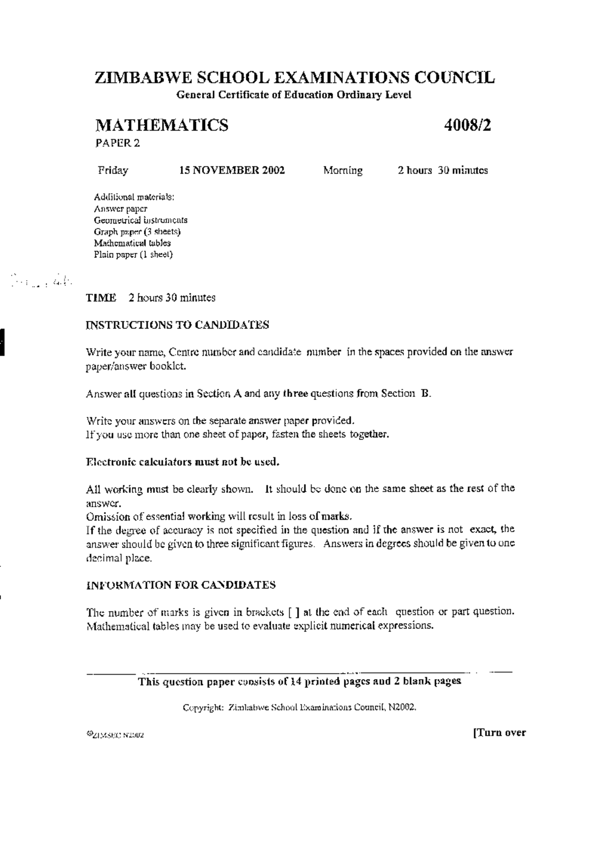 Zimsec Maths Paper 2 Review - November 2002 Exam - Studocu