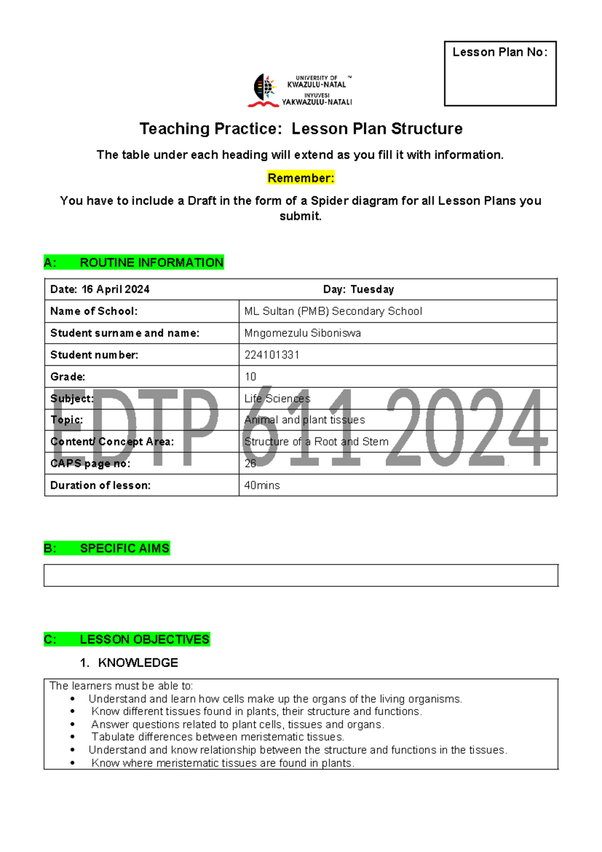 Life Sciences Grade 10 Lesson Plan on Plant & Animal Tissues - Studocu