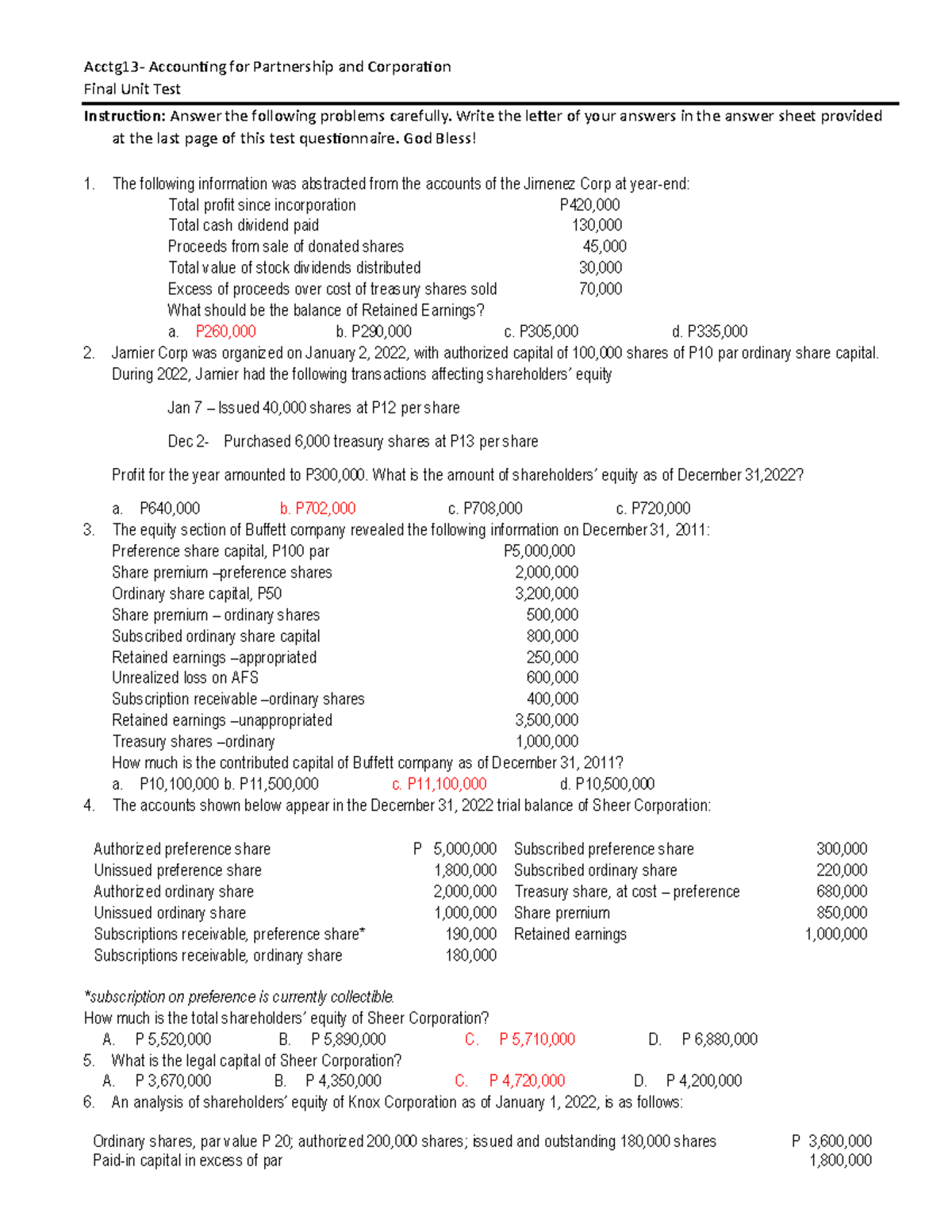 Acctg-13 Final Exam Unit Test Answer Key for Partnerships ...