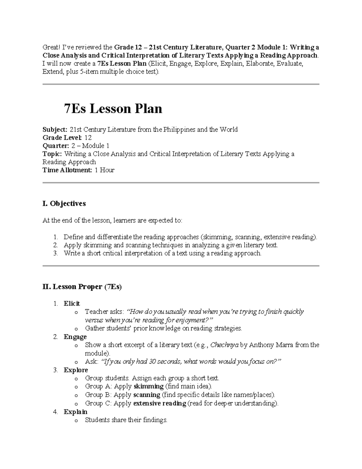 Grade 12 21st Century Literature: 7Es Lesson Plan on Literary Analysis ...