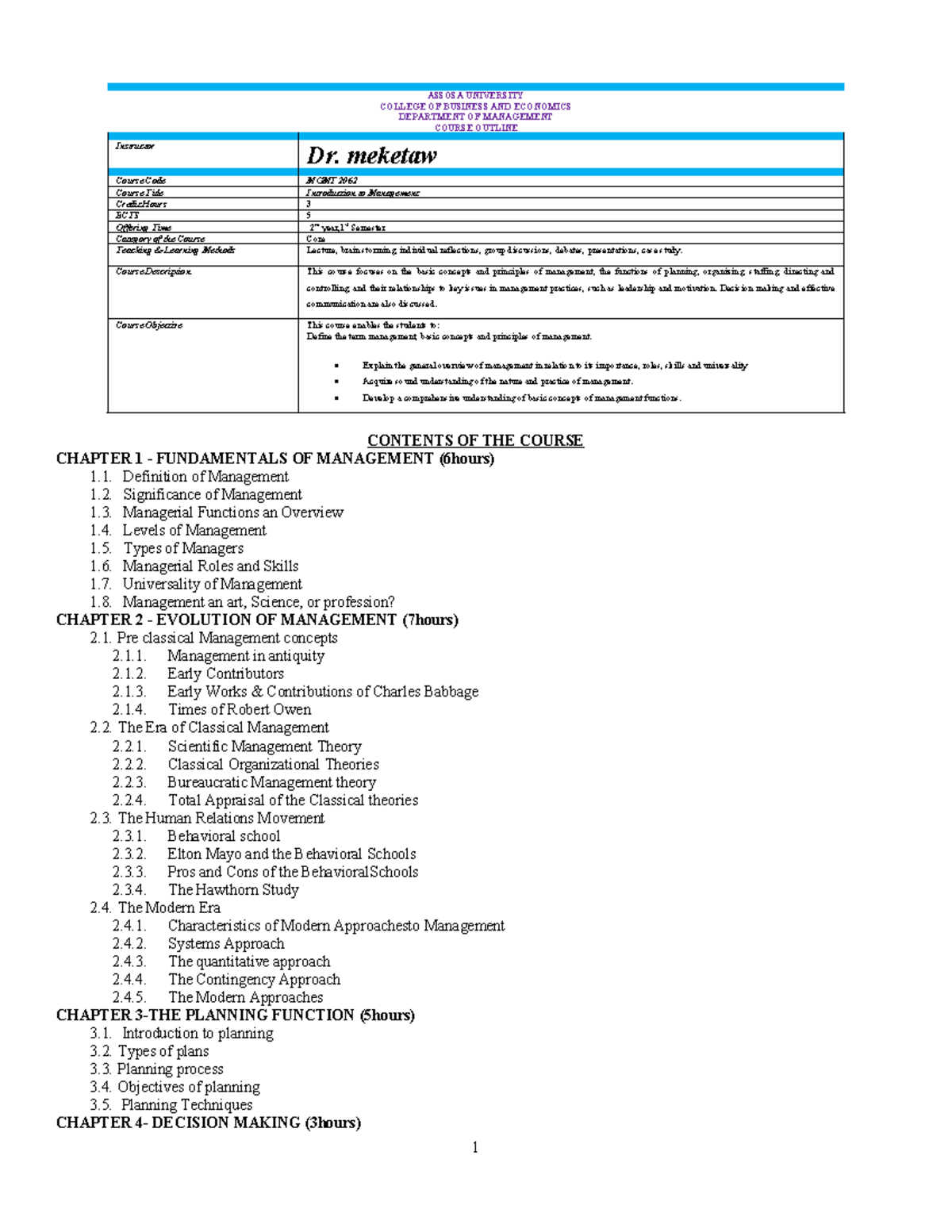 MGMT 2062: Introduction to Management Course Outline - Studocu