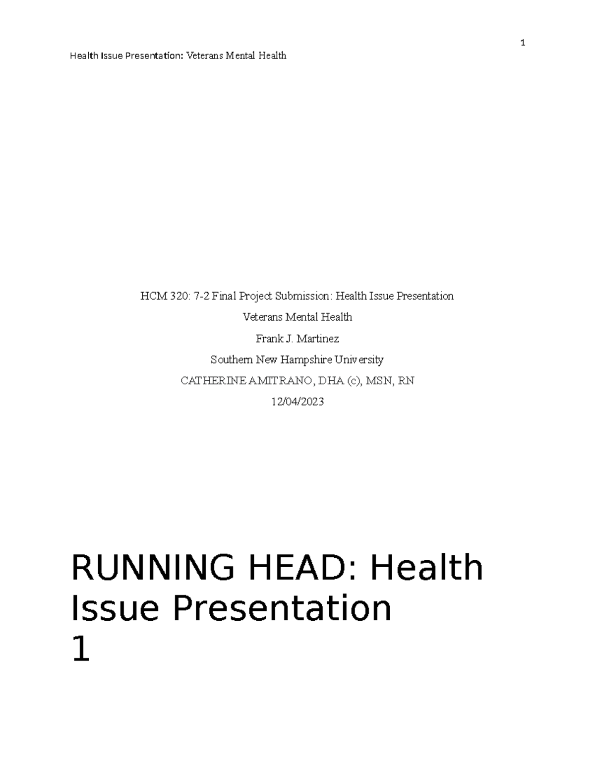 HCM 320: 7-2 Final Project on Veterans' Mental Health Issues - Studocu