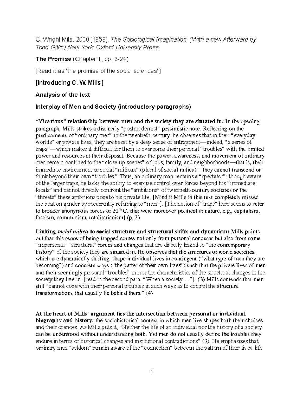 Lecture Notes on C. Wright Mills' "The Promise" (Chapter 1) - Studocu