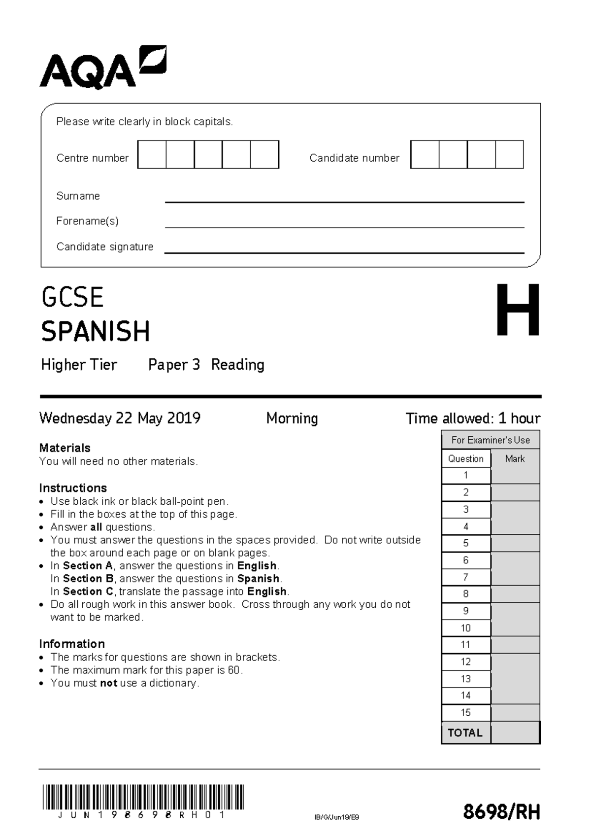 GCSE Spanish Higher Tier Paper 3 - Reading Practice (AQA 86983) - Studocu