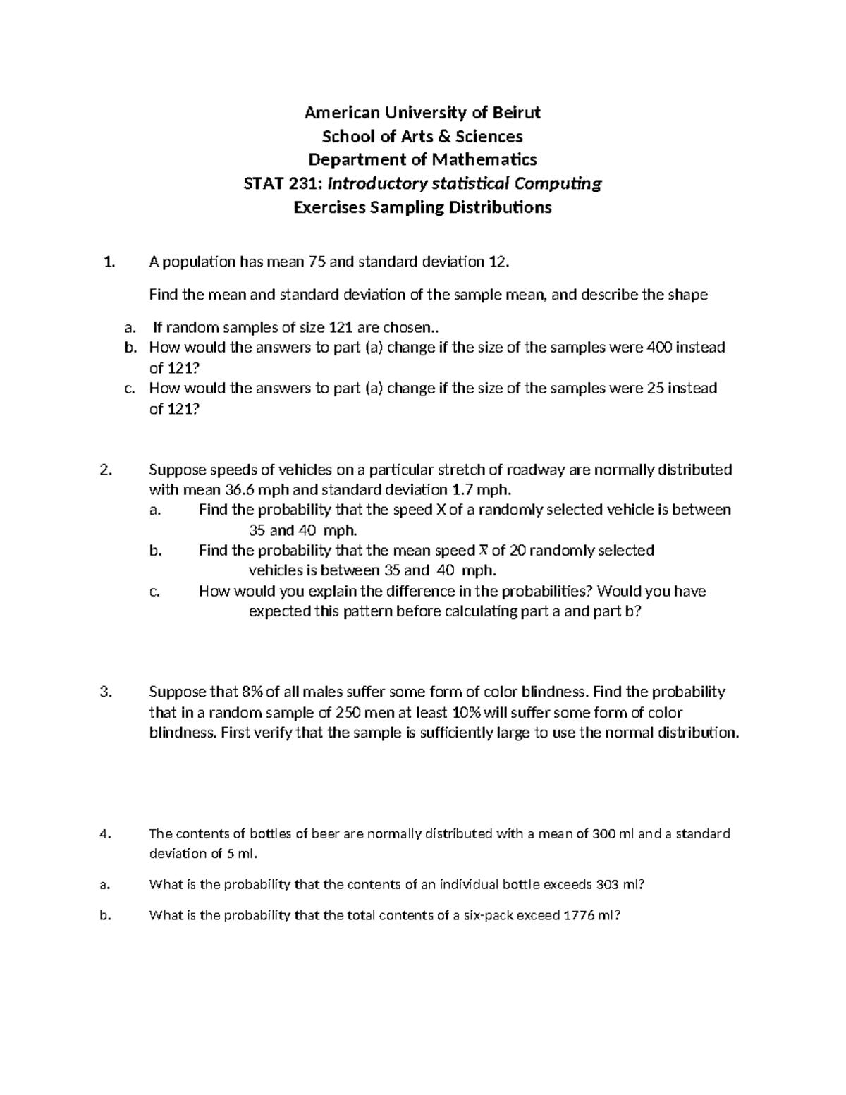 STAT 231: Sampling Distribution Exercises and Solutions - Studocu