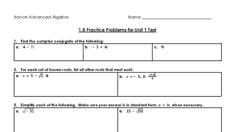 1.8 Honors Advanced Practice Problems for Unit 1 Test - Studocu