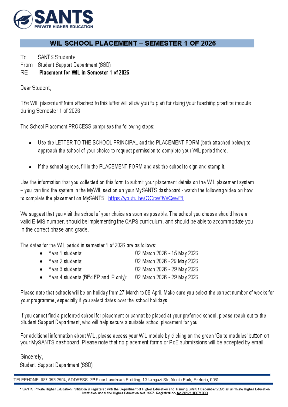 WIL Placement Process for SANTS Students - Semester 1, 2026 - Studocu