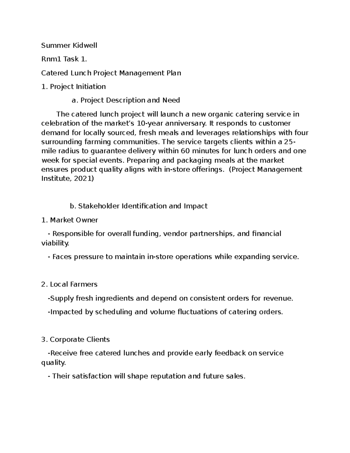 Rnm1 Task 1 - Catered Lunch Project Management Plan Overview - Studocu