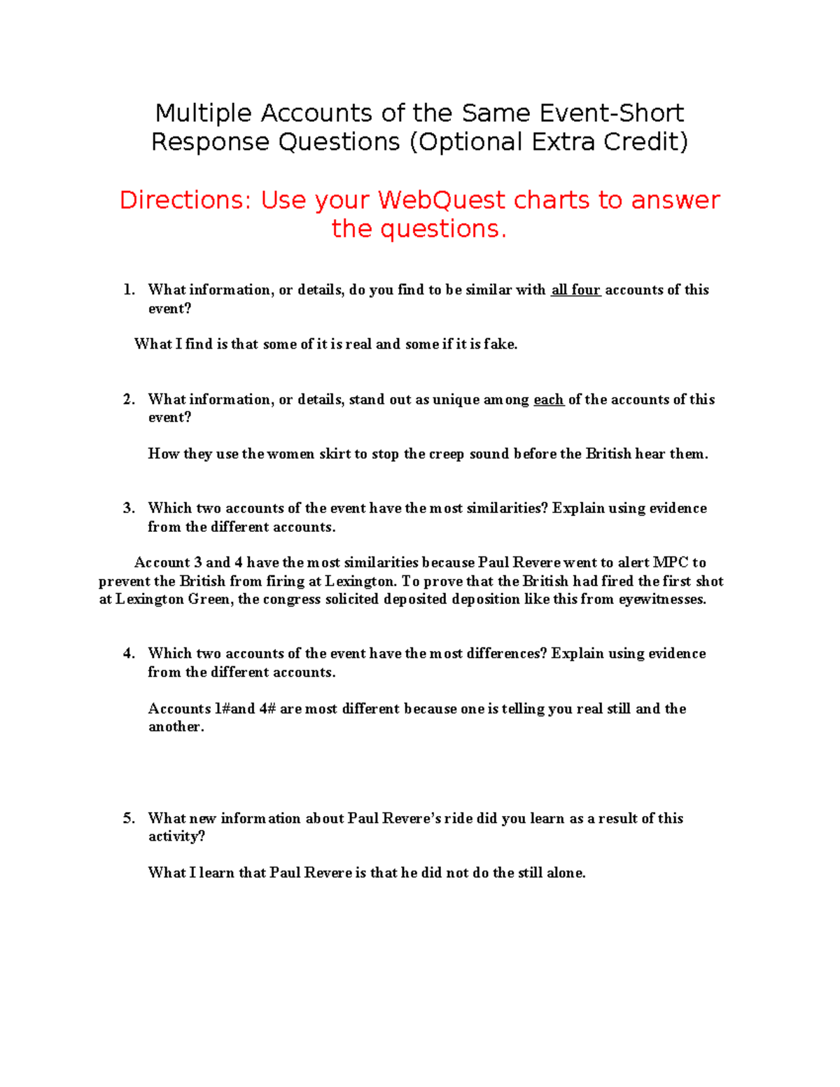 Paul Revere Webquest Questions Extra Credit - Multiple Accounts of the ...