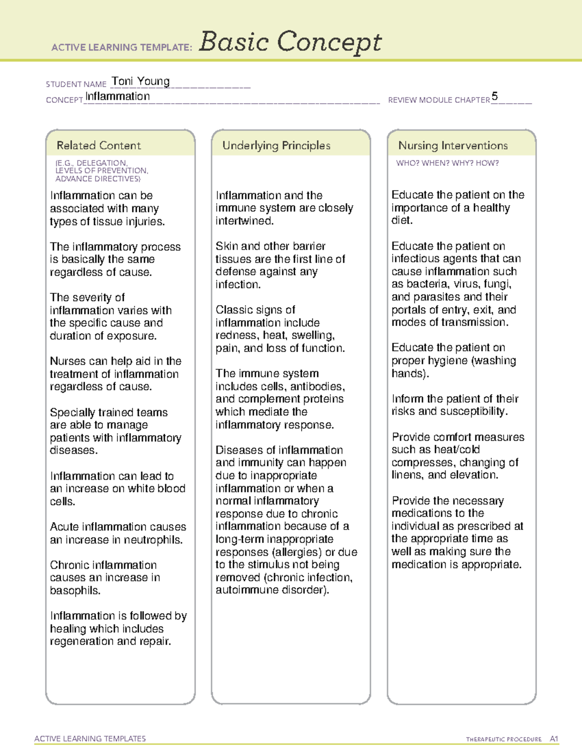 Active Learning Template: Basic Concept of Inflammation (NUR 101) - Studocu