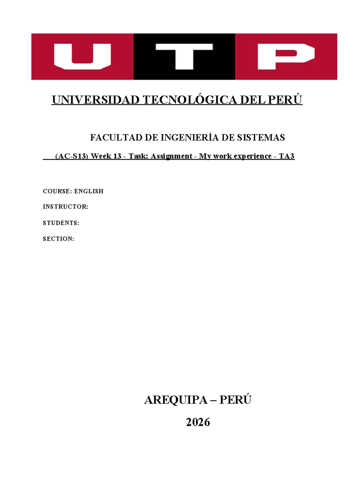Week 13 Assignment: My Work Experience - TA3 ENGLISH - Studocu