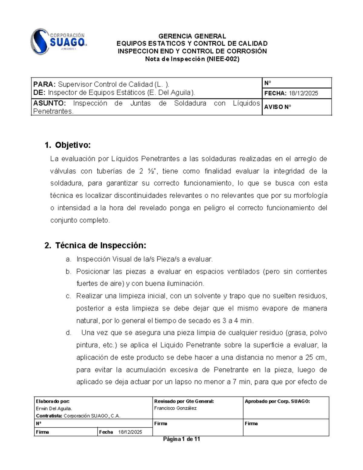 Nota de Inspección de Líquidos Penetrantes - Control de Calidad - Studocu