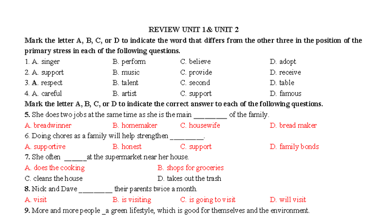 Review UNIT 2: Stress Patterns and Vocabulary Test Answers - Studocu