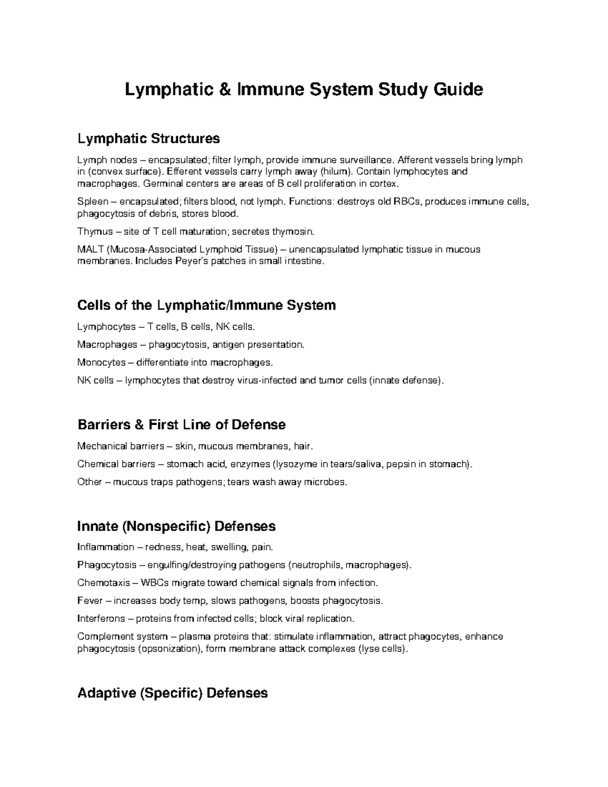 Lymphatic Immune System Study Guide: Key Structures & Functions - Studocu