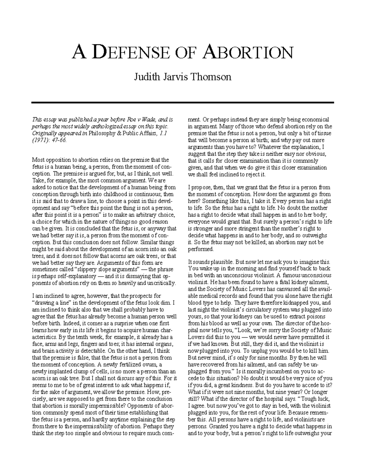Defense of Abortion: Analyzing Thomson's Arguments on Ethics and Rights ...