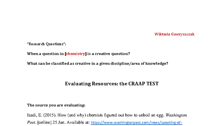 CRAAP Test Evaluation for Source on Unboiling an Egg - CHEM 101 - Studocu