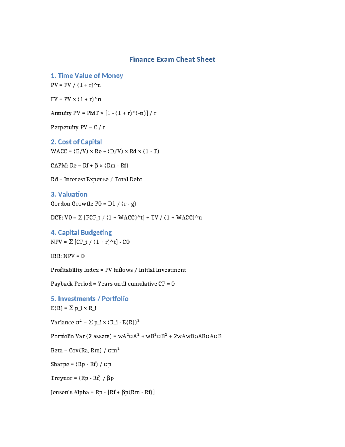 Finance 101 Final Exam Cheat Sheet: Key Concepts & Formulas - Studocu