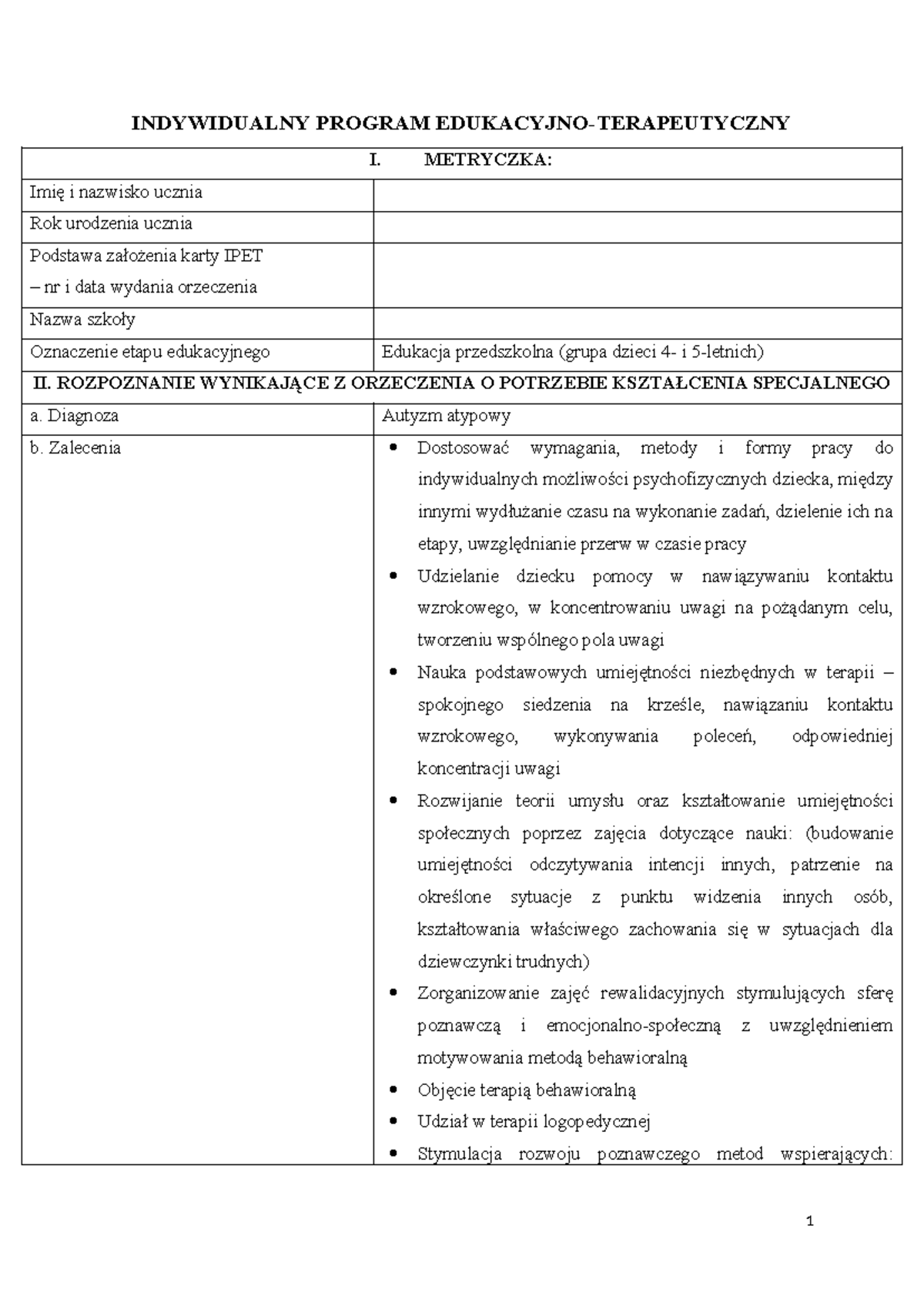 IPET spektrum - Przykładowy IPET - INDYWIDUALNY PROGRAM EDUKACYJNO ...