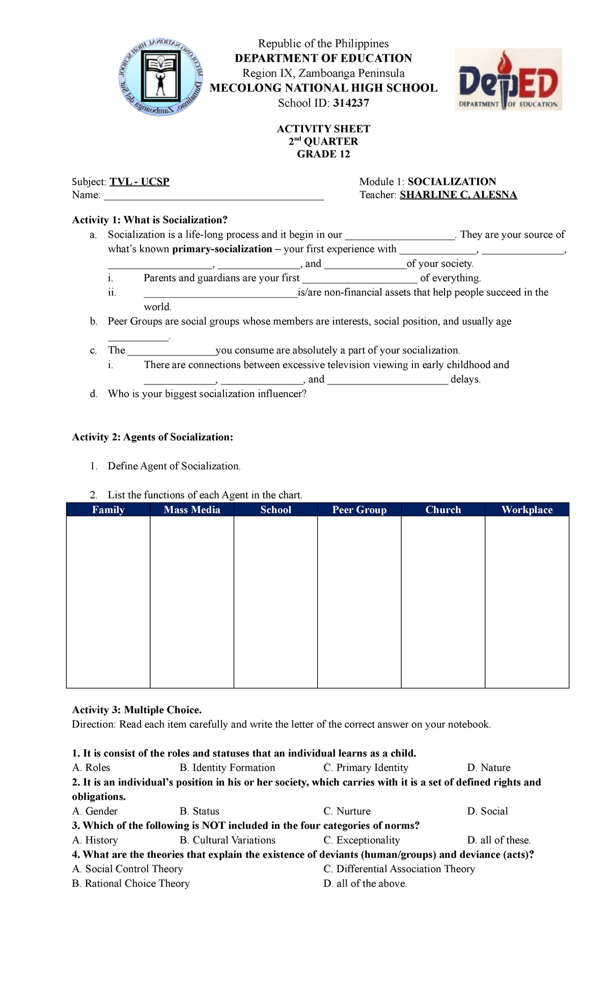Activity sheet UCSP - Republic of the Philippines DEPARTMENT OF ...