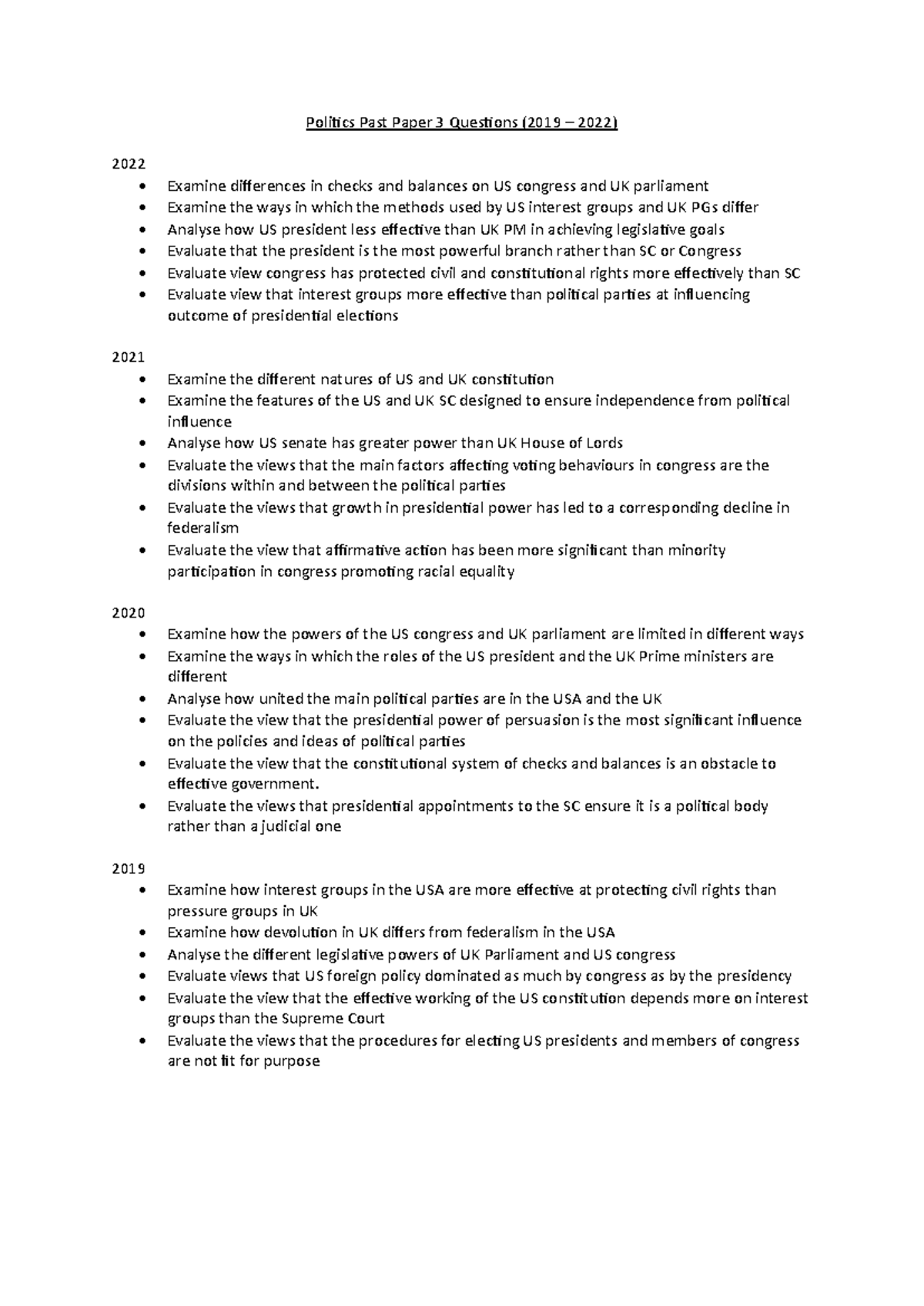 Edexcel A-Level Politics Paper 3A: Past Exam Questions (2019-2022 ...