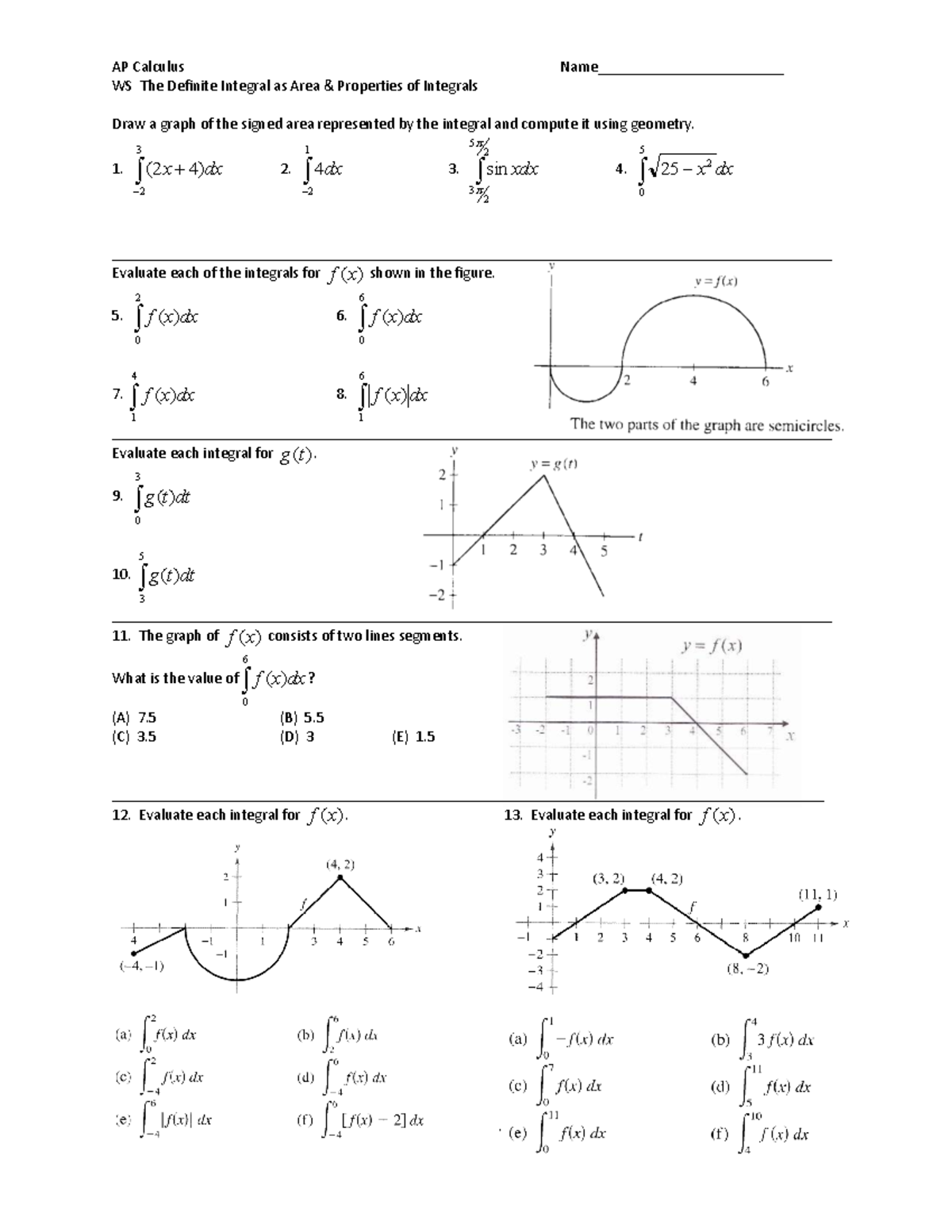 AP Calculus WS Definite Integrals as Area & Properties - Studocu