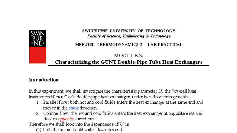 SWINBURNE UNIVERSITY OF TECHNOLOGY THERMODYNAMICS 2 LAB: Module 3 Heat ...