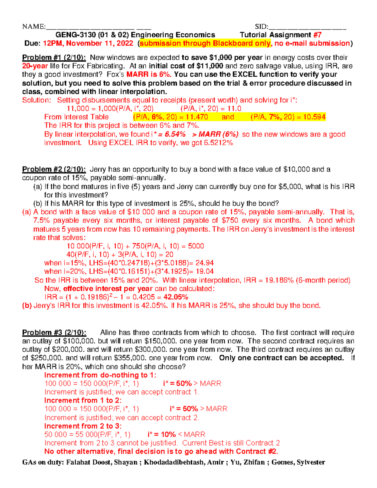 GENG-3130 Engineering Economics Tutorial 7 Solutions (Due Nov 11, 2022 ...