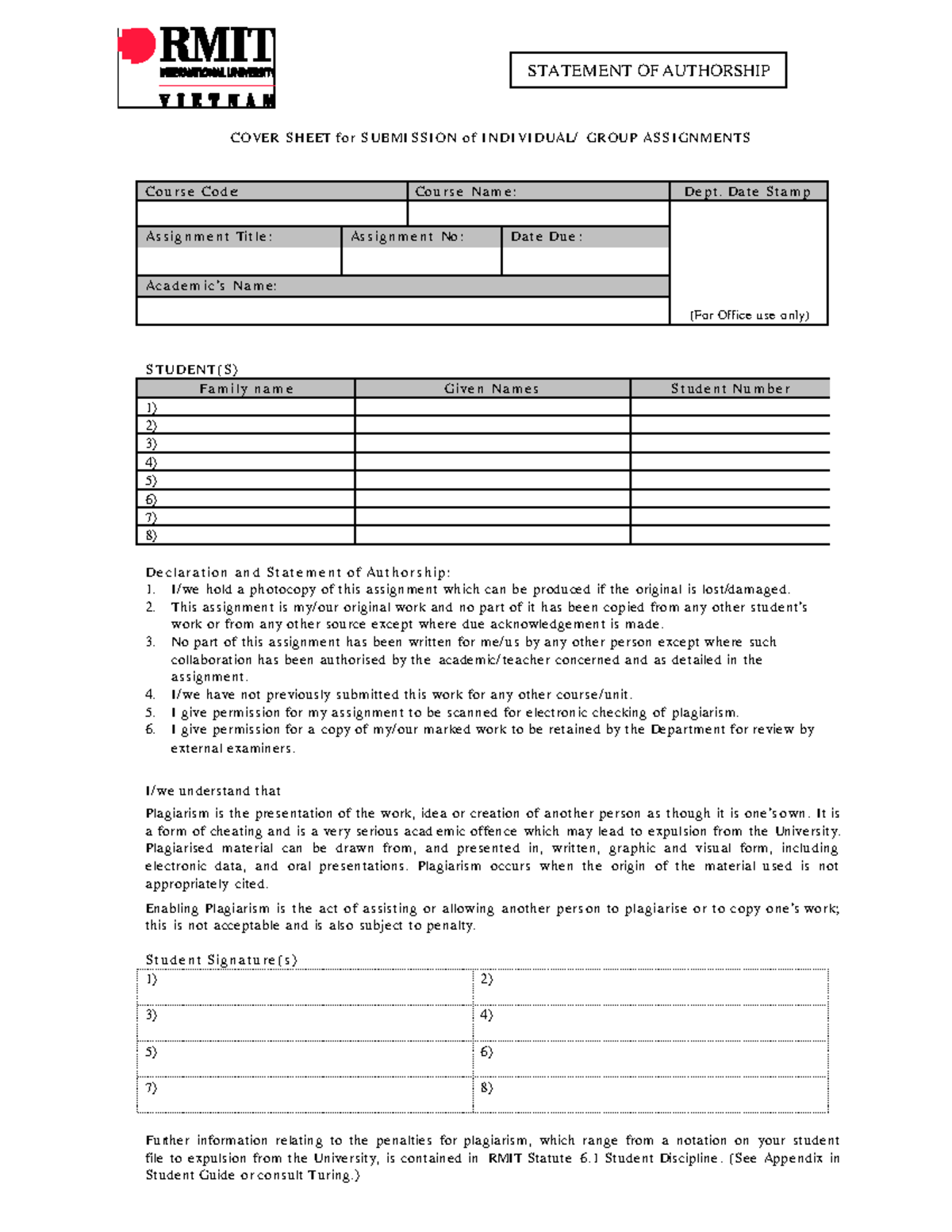 STATEMENT OF AUTHORSHIP COVER SHEET for GROUP ASSIGNMENTS - Studocu