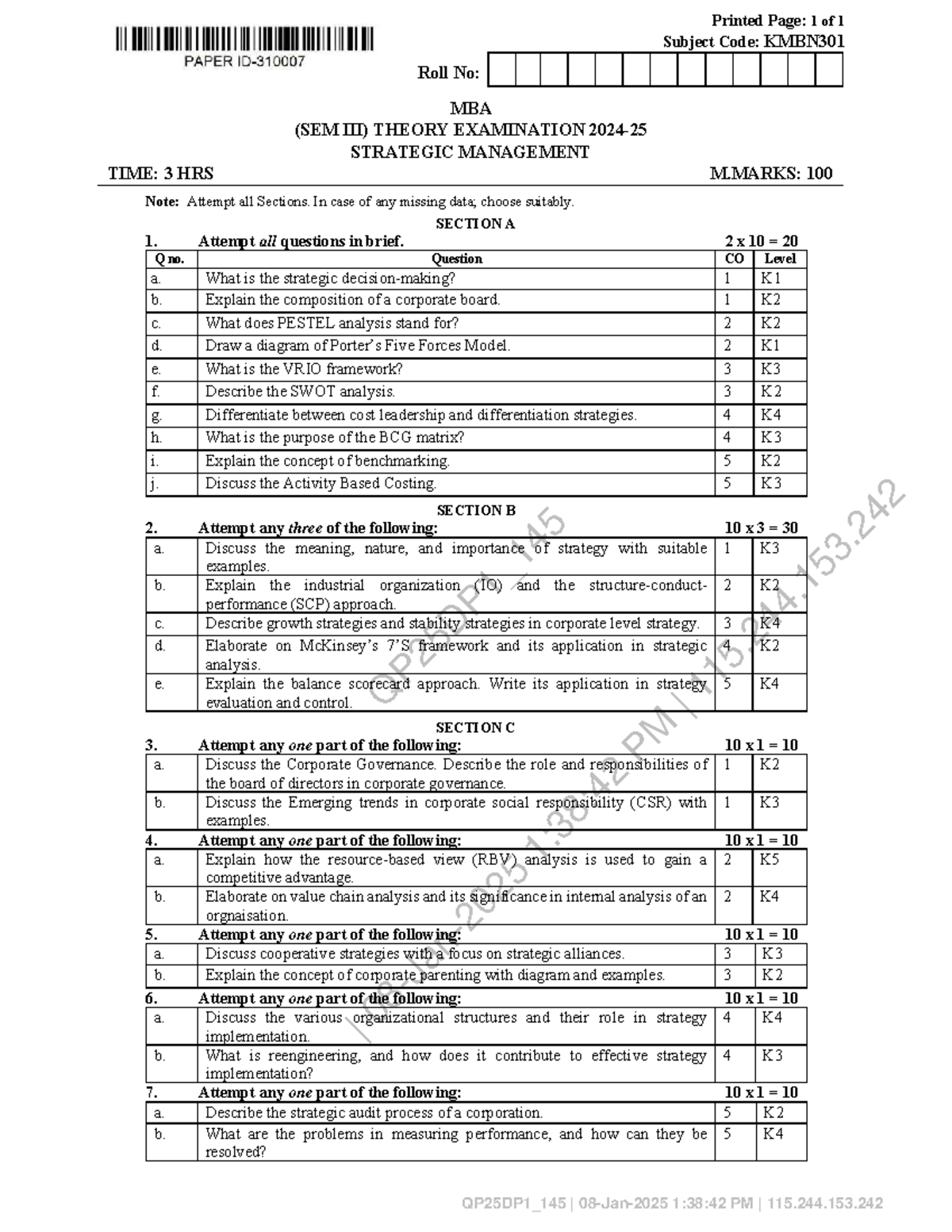 MBA 3 Sem Strategic Management KMBN301 Exam Notes - Jan 2025 - Studocu