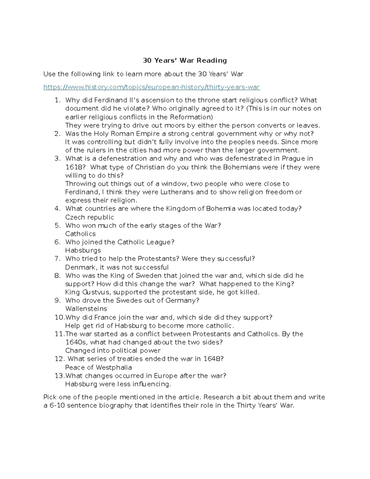 30 Years War Webquest - Assignment - 30 Years’ War Reading Use the ...