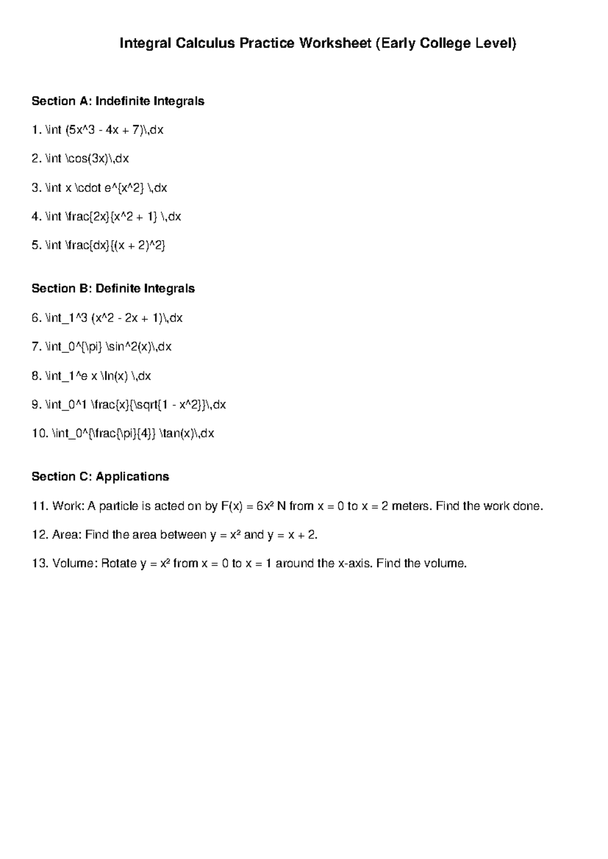 Integral Calculus Practice Worksheet - \int_1^3 (x^2 - 2x + 1),dx 7 ...