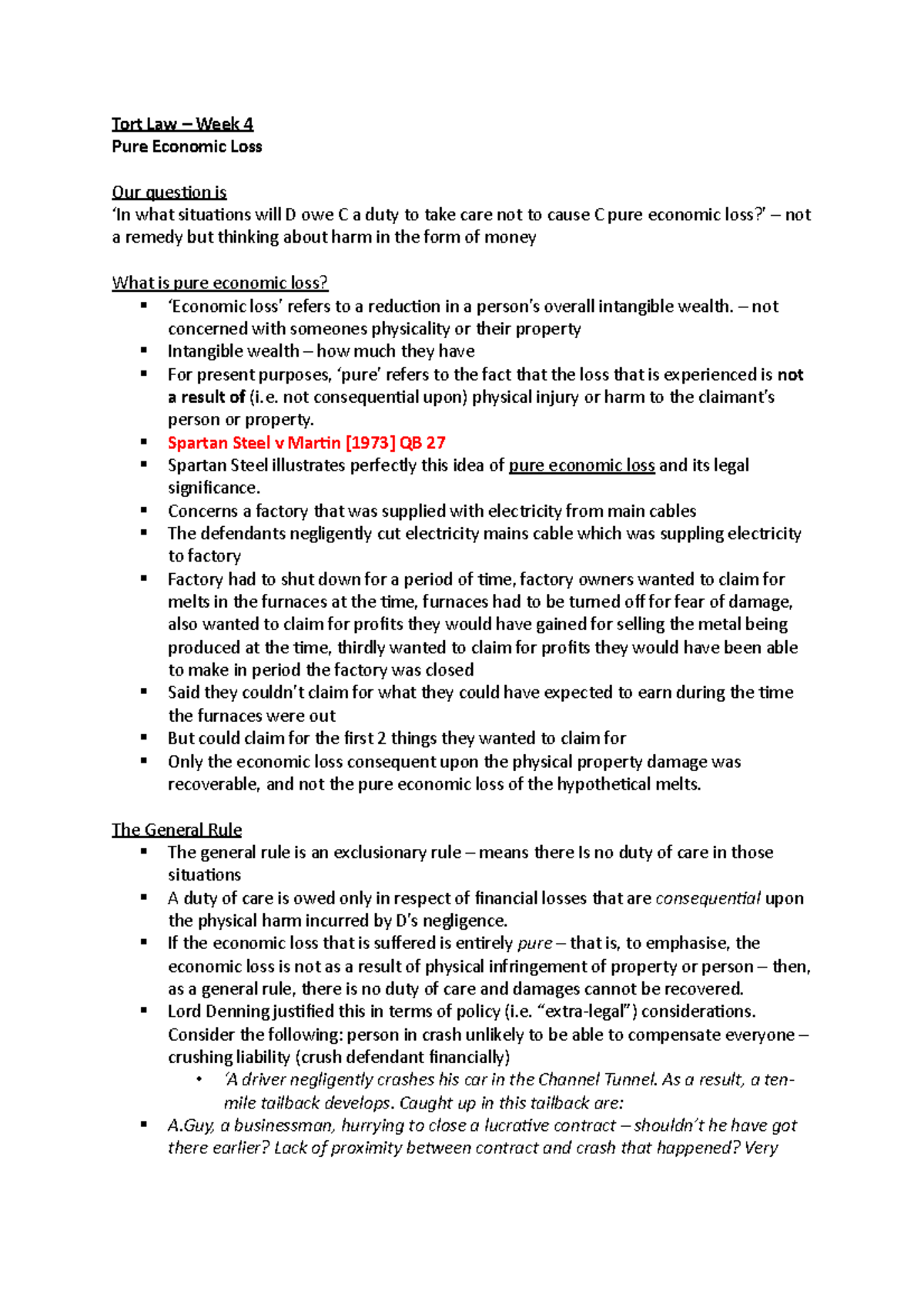 Tort Law (LAW101): Understanding Pure Economic Loss in Week 4 - Studocu