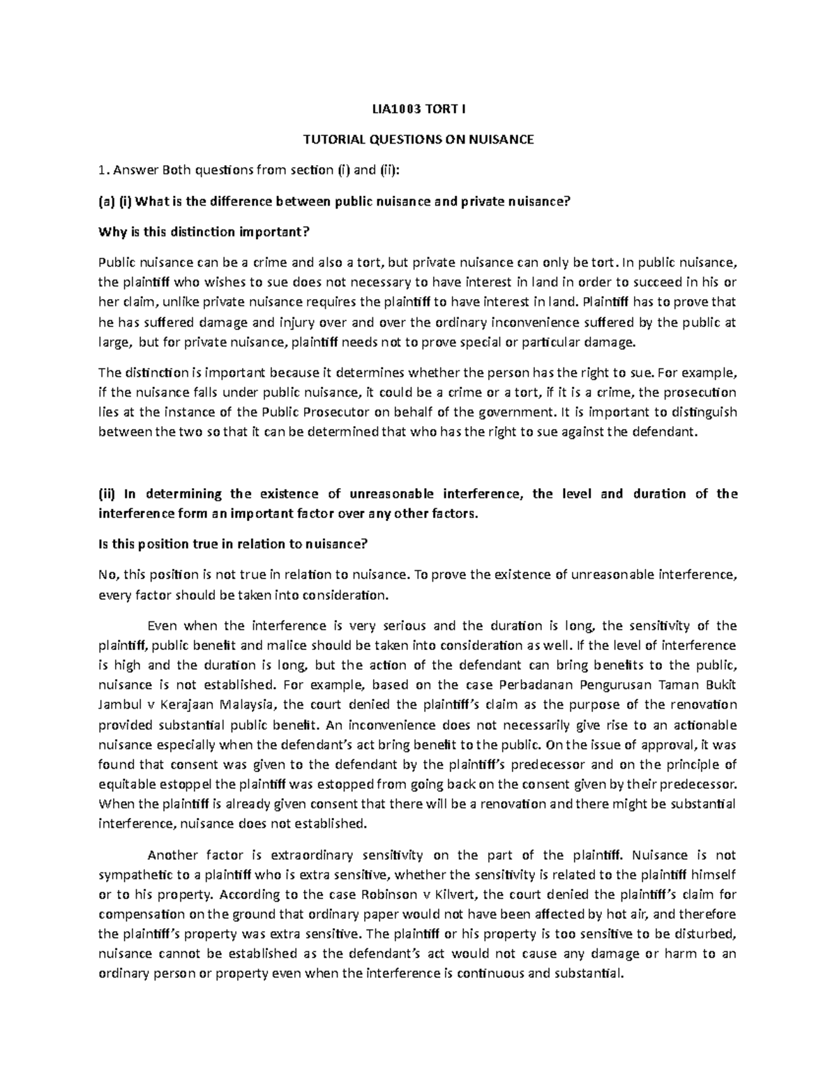 Tort Tutorial - Nuisance - LIA1003 TORT I TUTORIAL QUESTIONS ON NUISANCE Answer Both questions ...