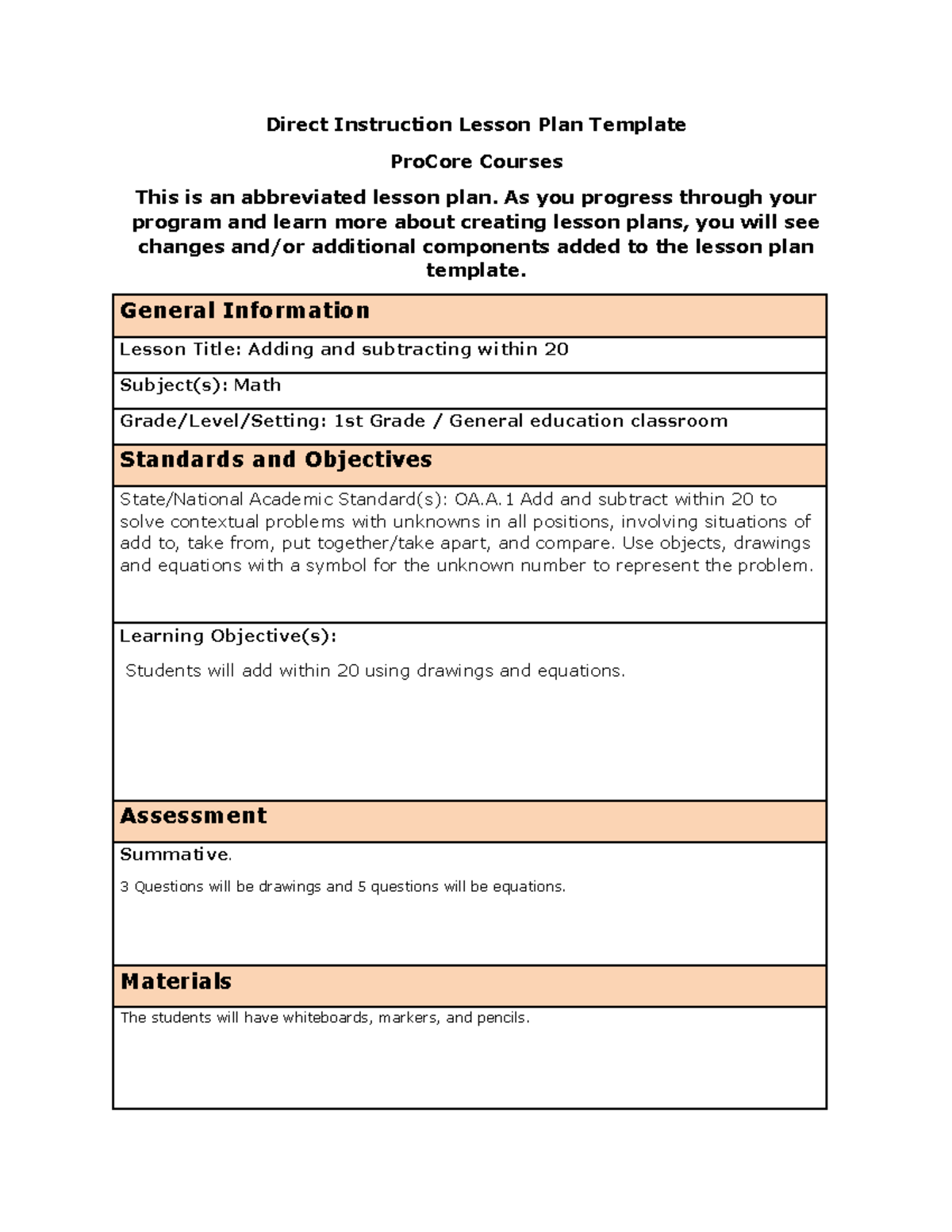 ProCore Courses: Direct Instruction Lesson Plan for Math (1st Grade ...