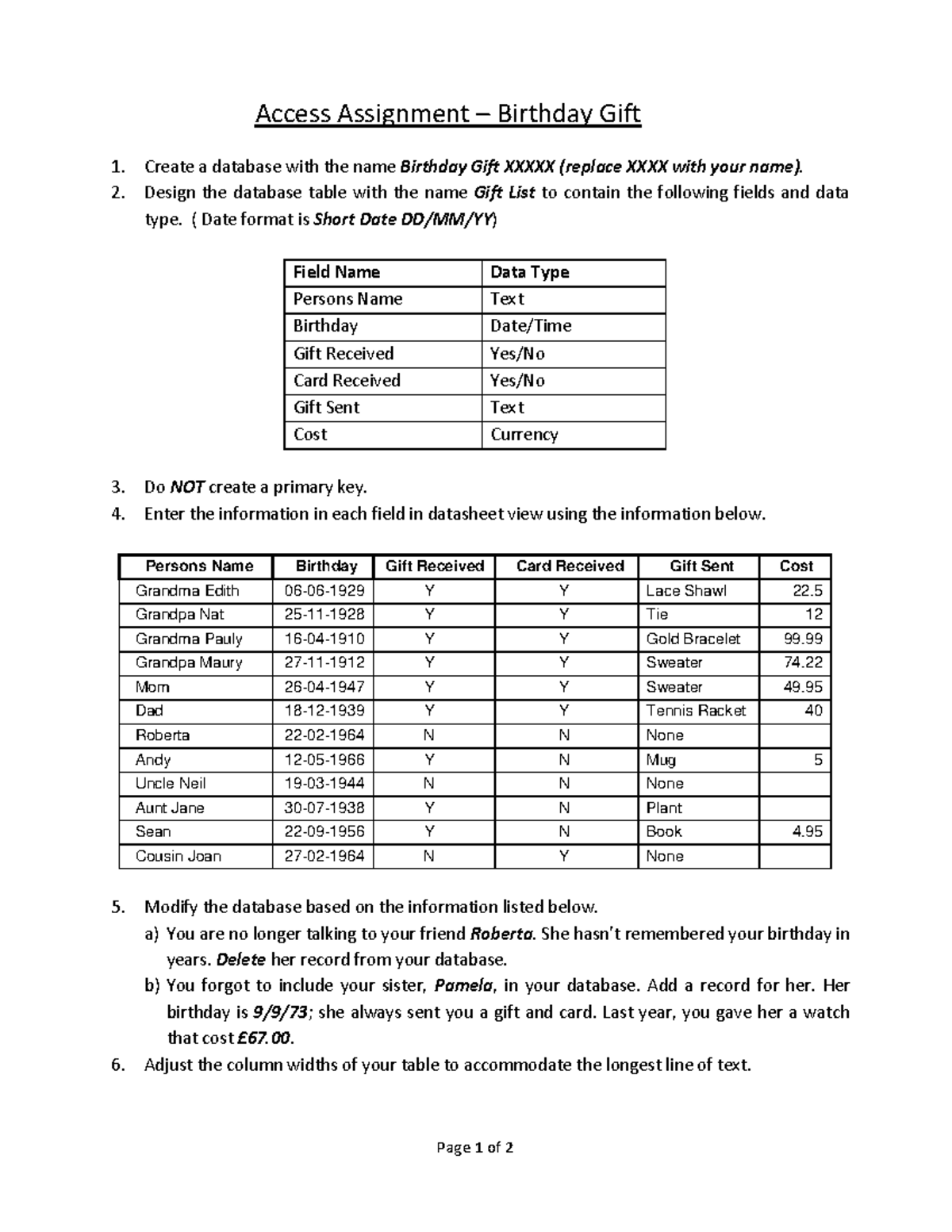 3 Birthday - seventh grade assignment - Page 1 of 2 Access Assignment ...