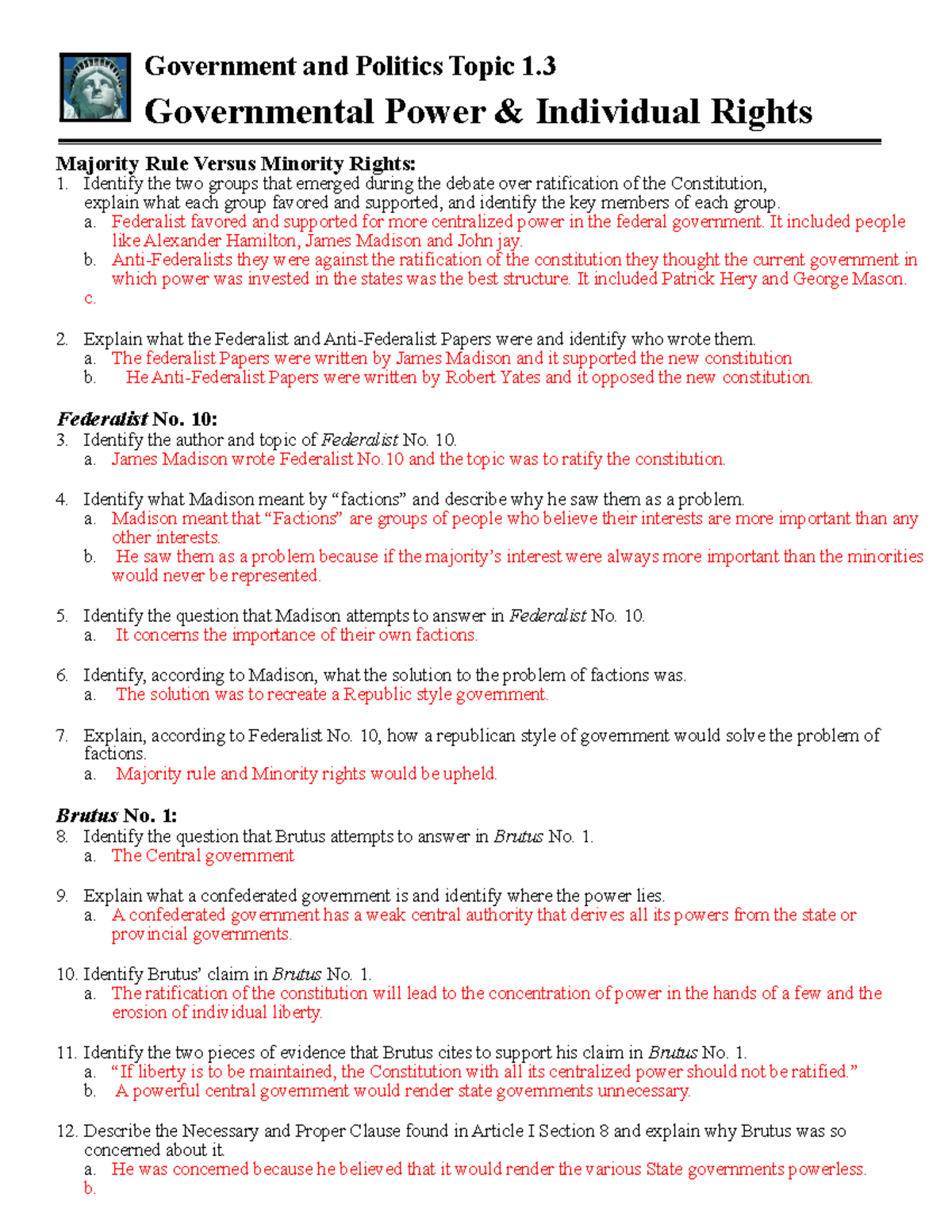 Worksheet 1.3: Gov Power & Individual Rights - Federalist vs Anti ...