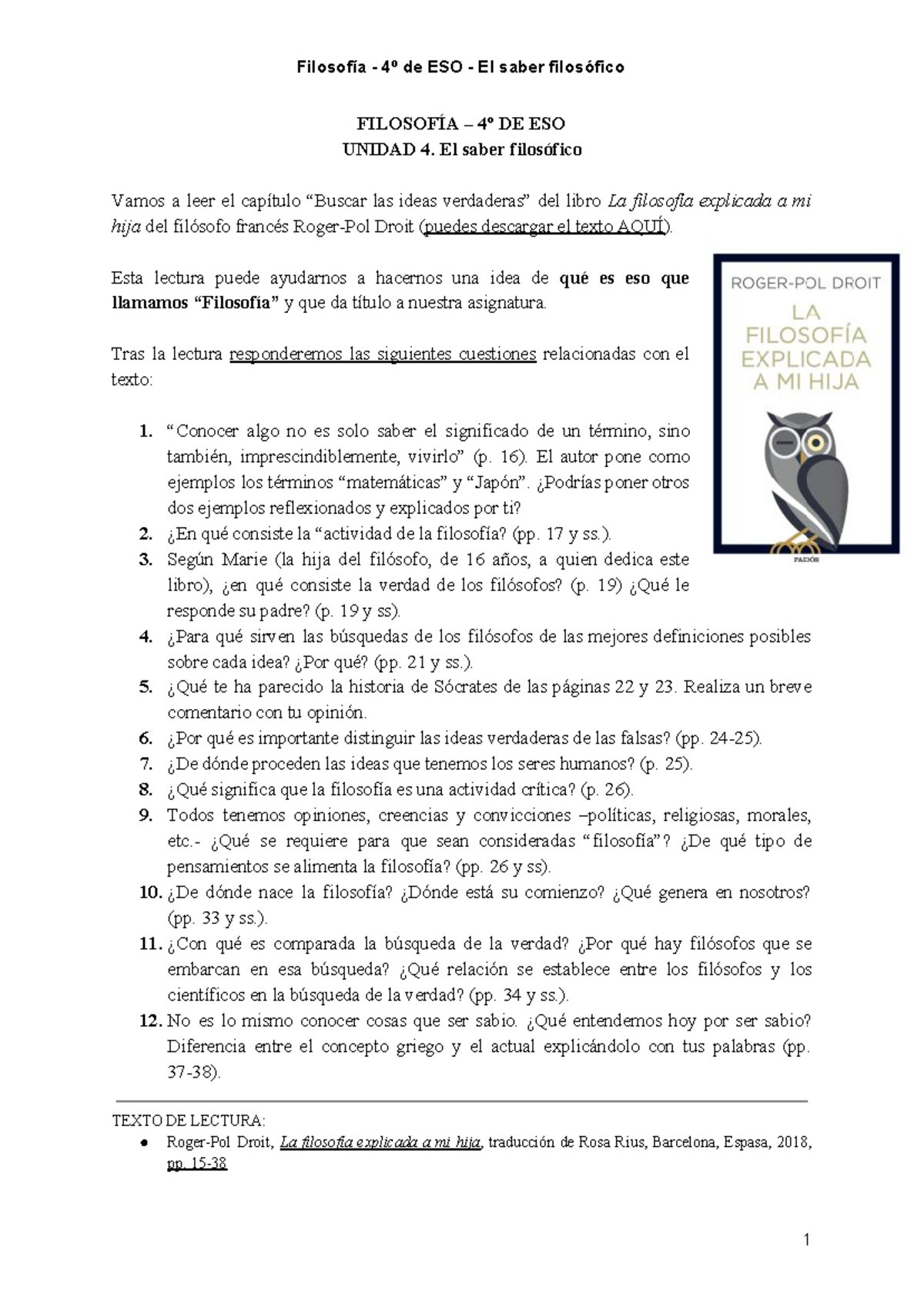 Filosofía 4º de ESO: Preguntas sobre "Filosofía Explicada a Mi Hija ...