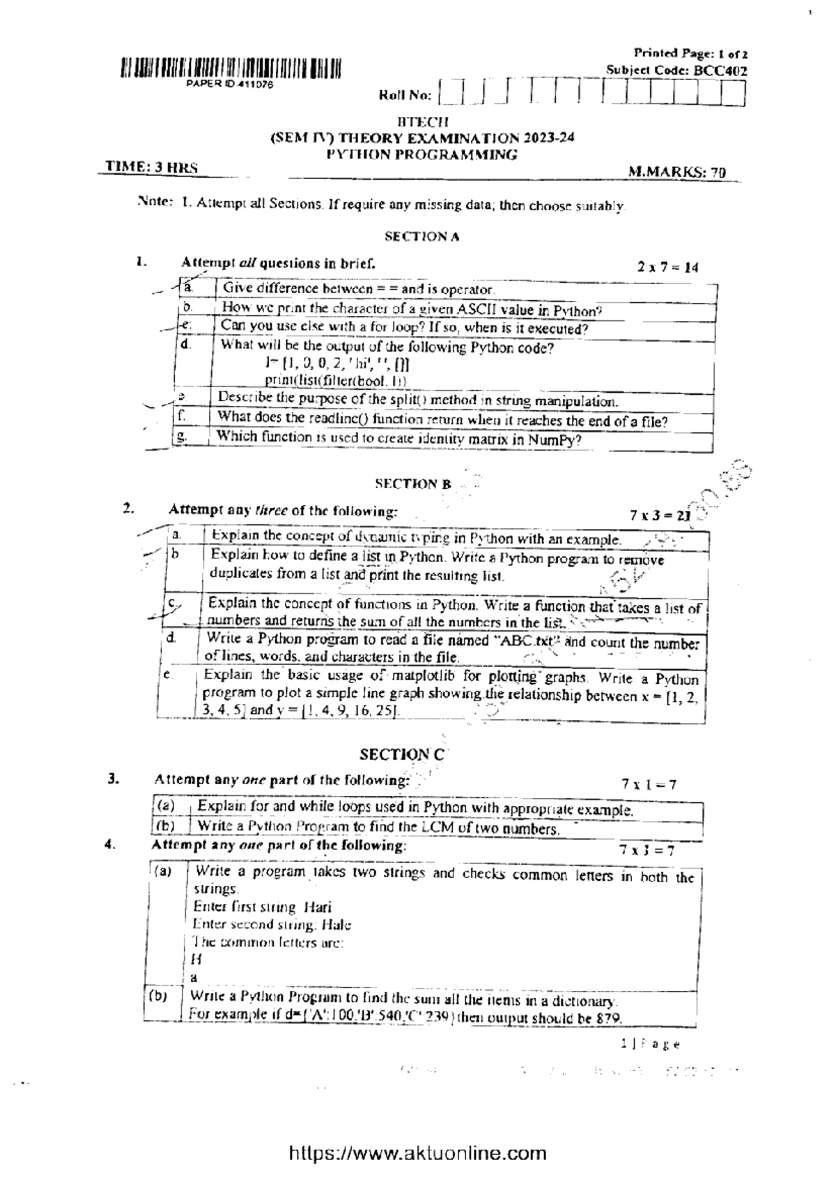 BCC402 Python Programming Theory Exam Paper - BTECH (SEM rv) - Studocu