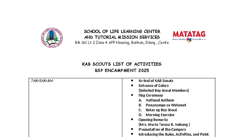 BSP ENCAMPMENT 2025: KAB SCOUTS ACTIVITIES & PACKING LIST - Studocu
