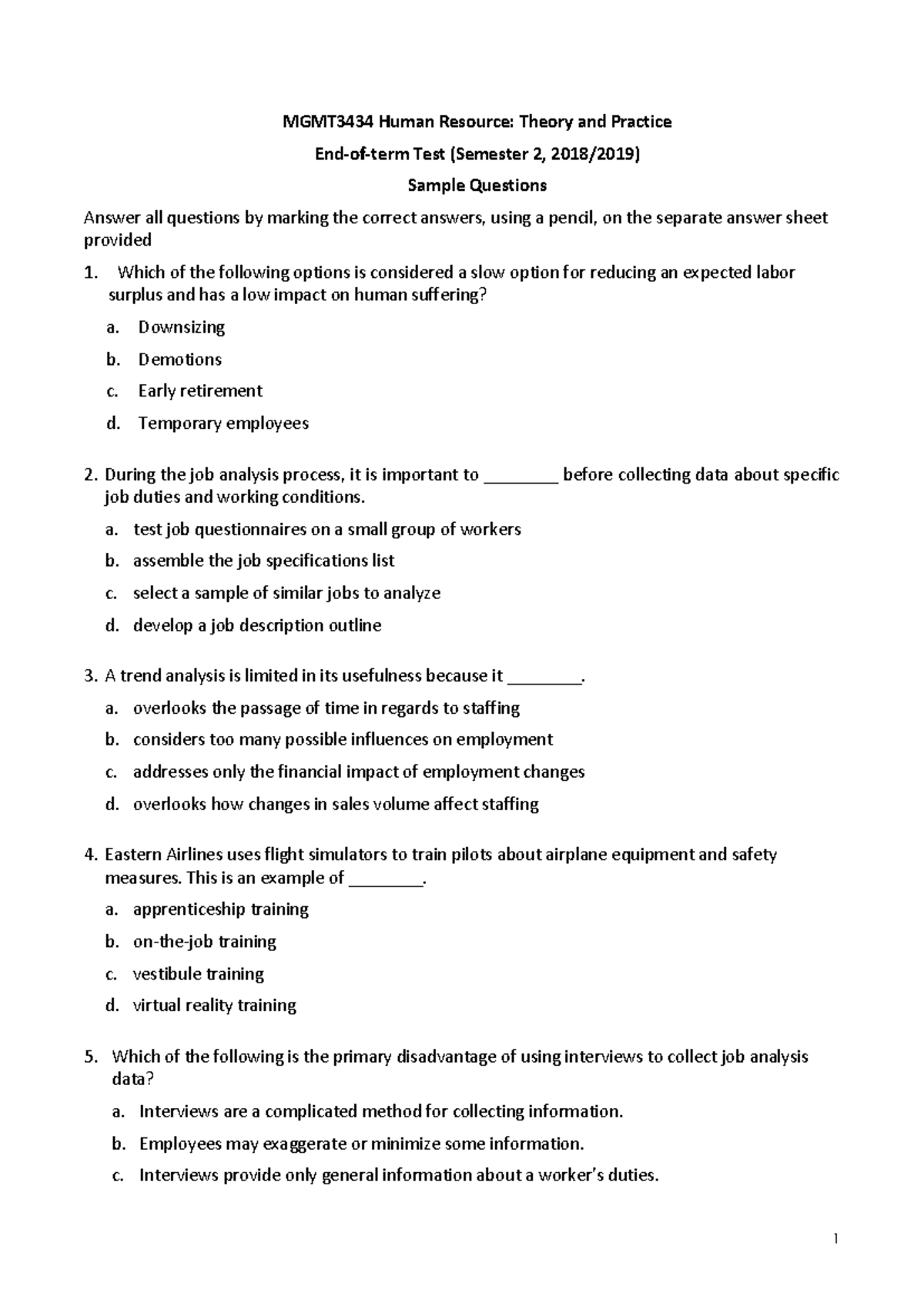 MGMT3434 Human Resource: Sample Qs for End-of-Term Test 2018/19 - Studocu