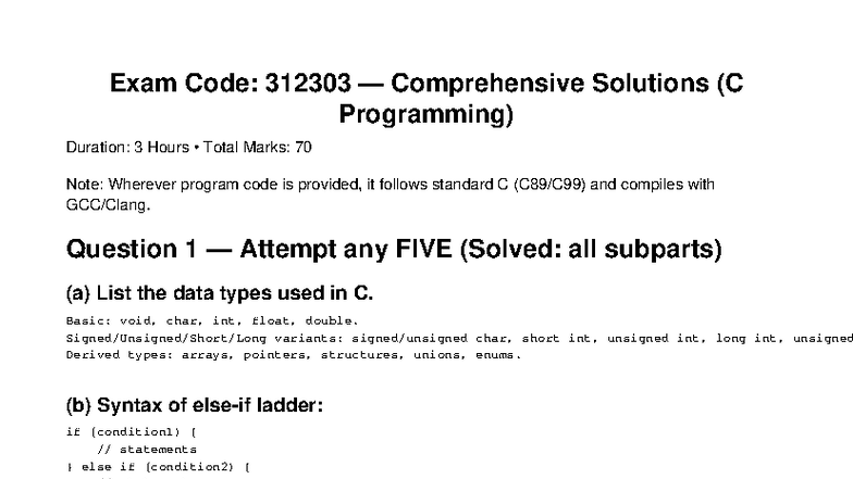 312303 C Programming Exam Solutions: Comprehensive Guide - Studocu